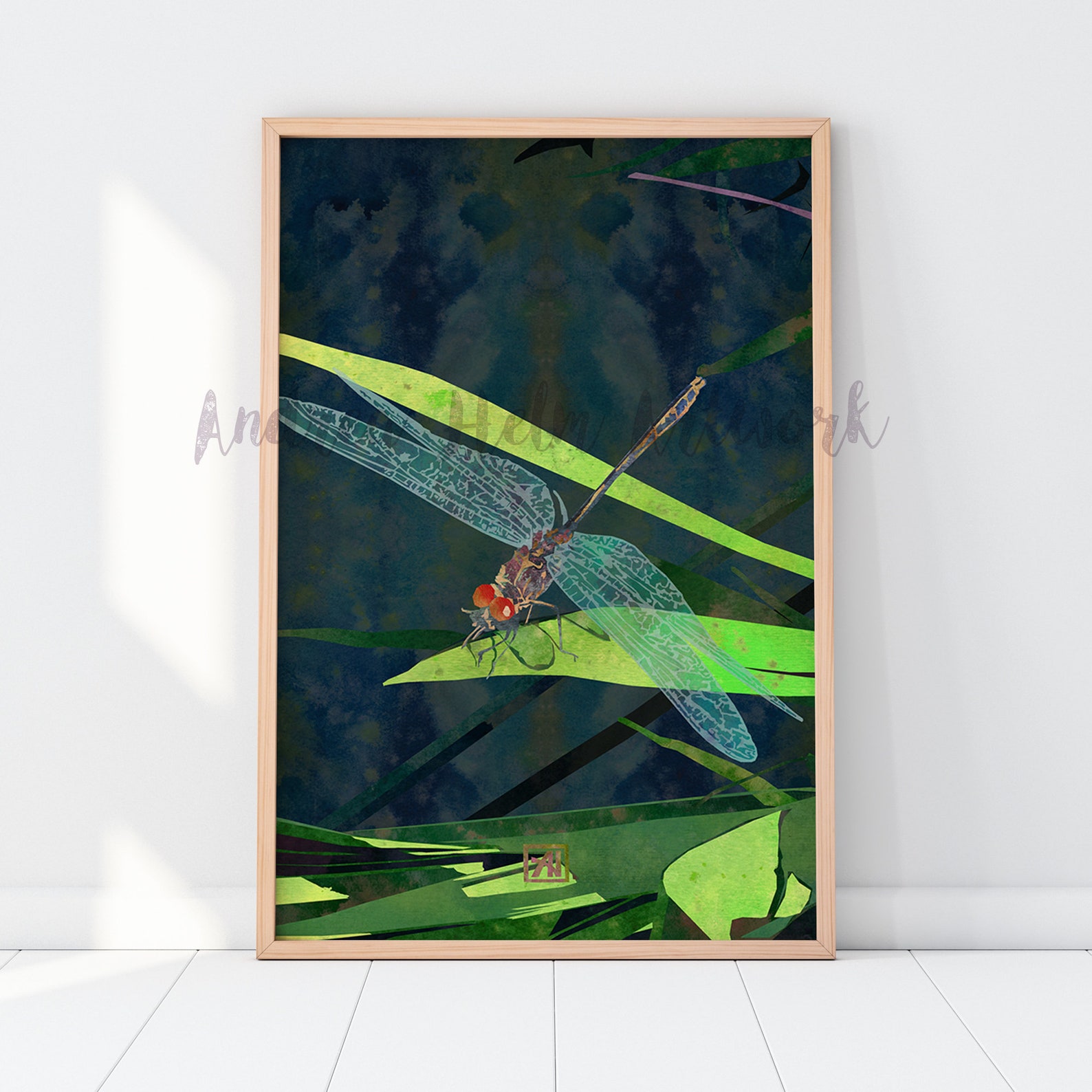 Green Dragonfly Pond Illustration Watercolor Dragonfly Art - Etsy