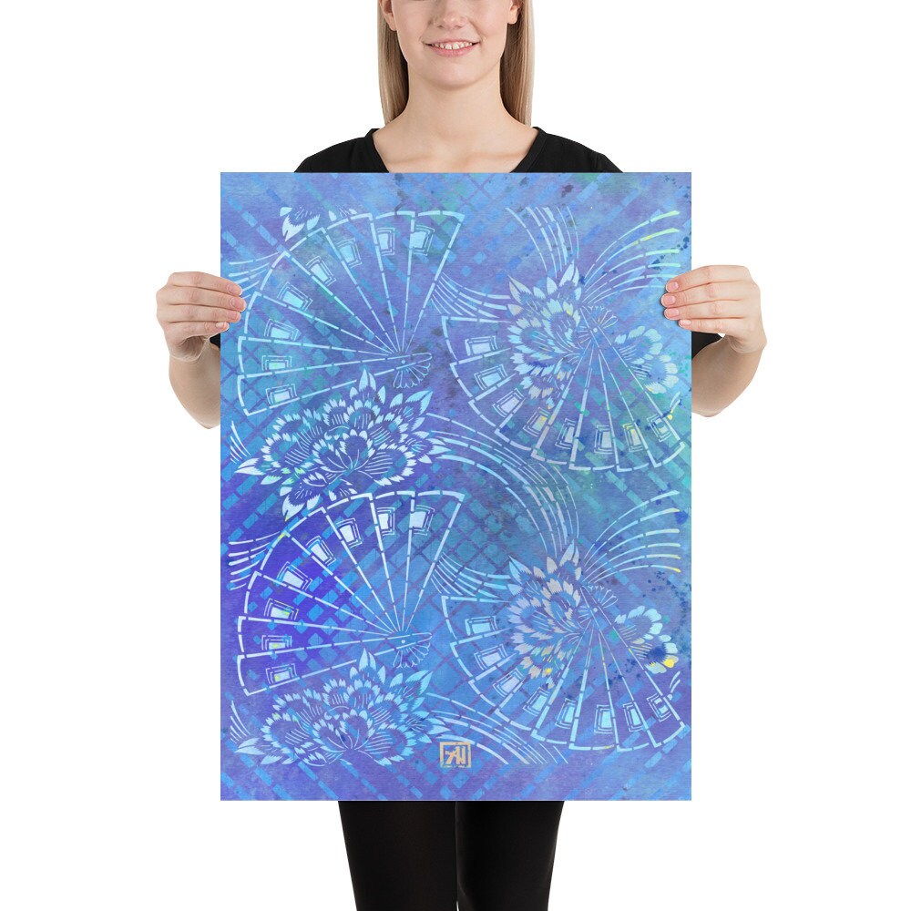 Beautiful Blue Fans Japanese Stencil Print - Sky Blue Multi | Japanese ...