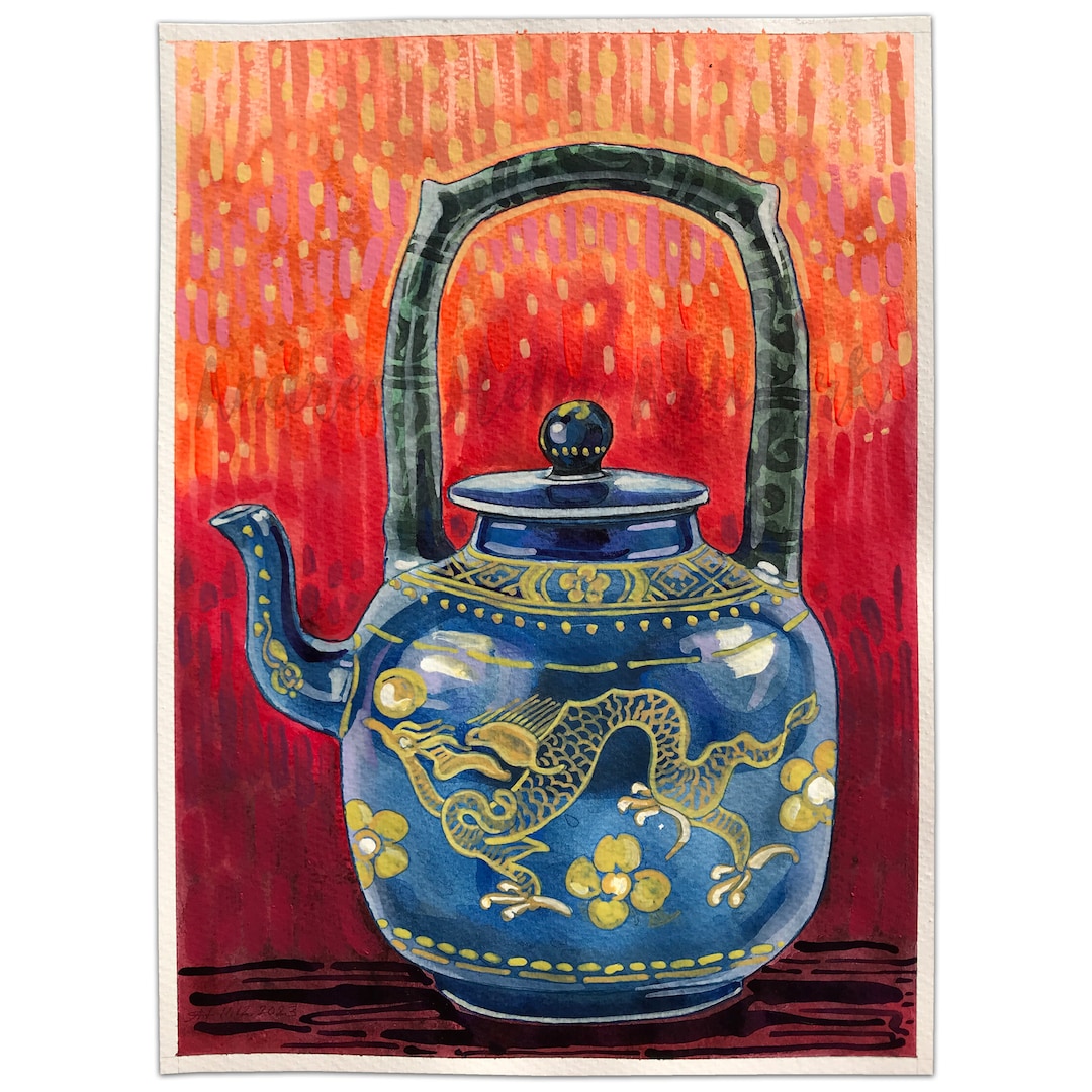 Antique Teapot Painting #17 | Blue Green Porcelain Teapot Watercolor ...