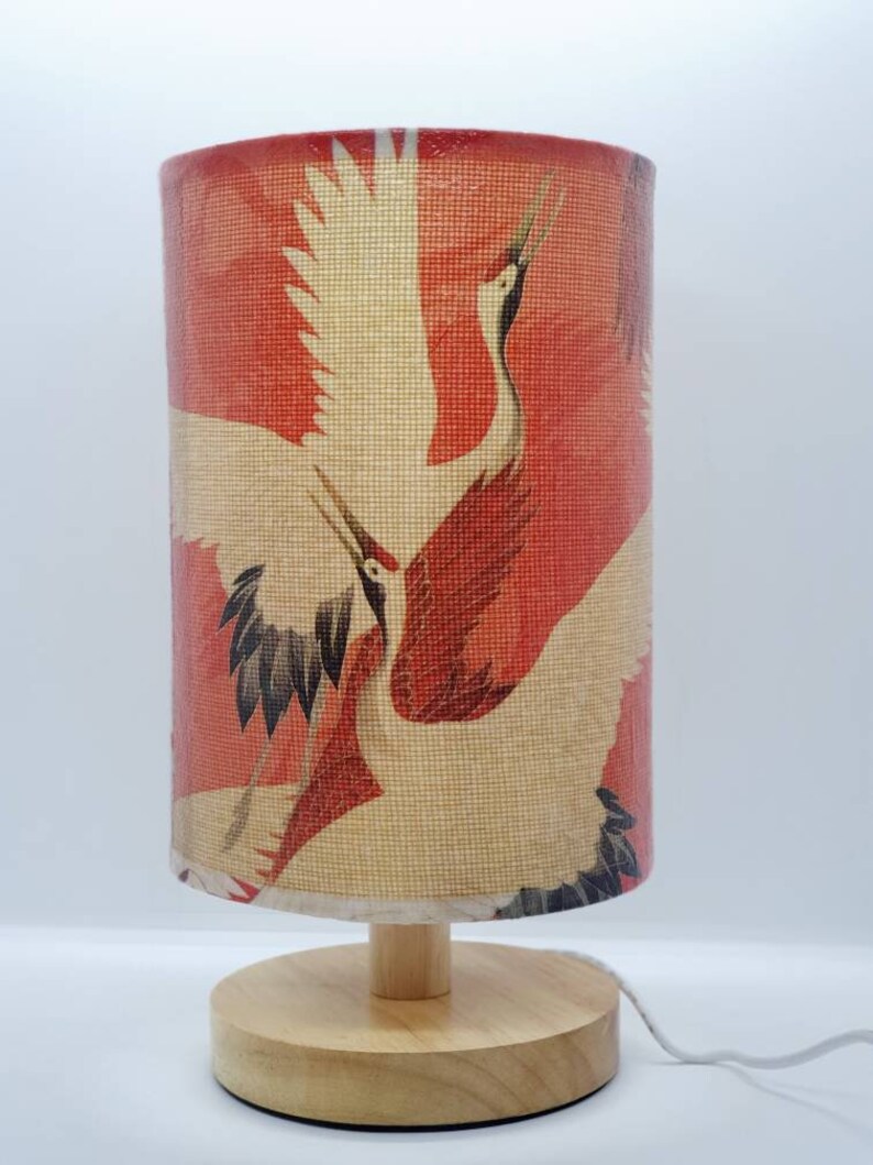 Decoupage Table Lamp: Japanese Crane Design, Red Oriental Night Light ...