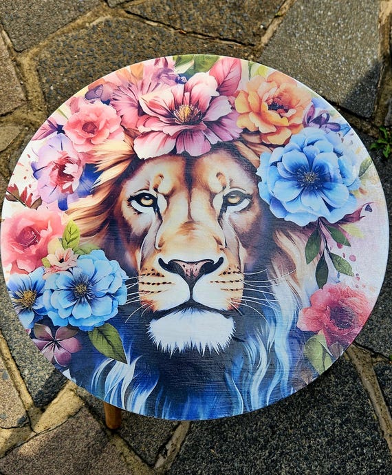 Floral Lion Coffee Table Small Bedside Table Decoupaged Home Decor Art Gift Etsy UK