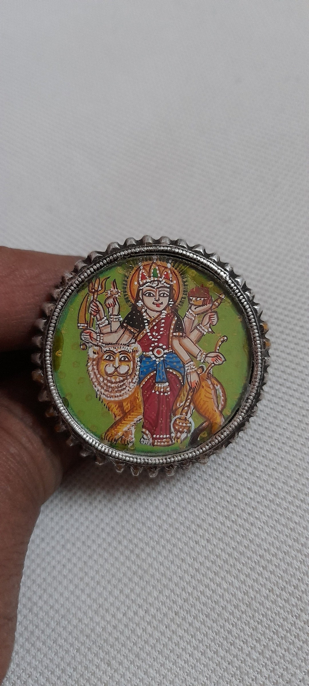 Vintage Maa Durga Ring: Handmade Silver Glass Painting, Himachal Tribal ...