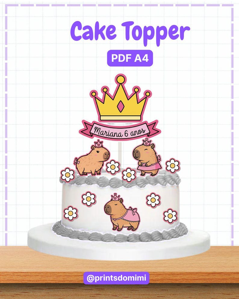 Capybara Birthday Cake Topper | Girls Party Decor, PDF A4 Instant ...