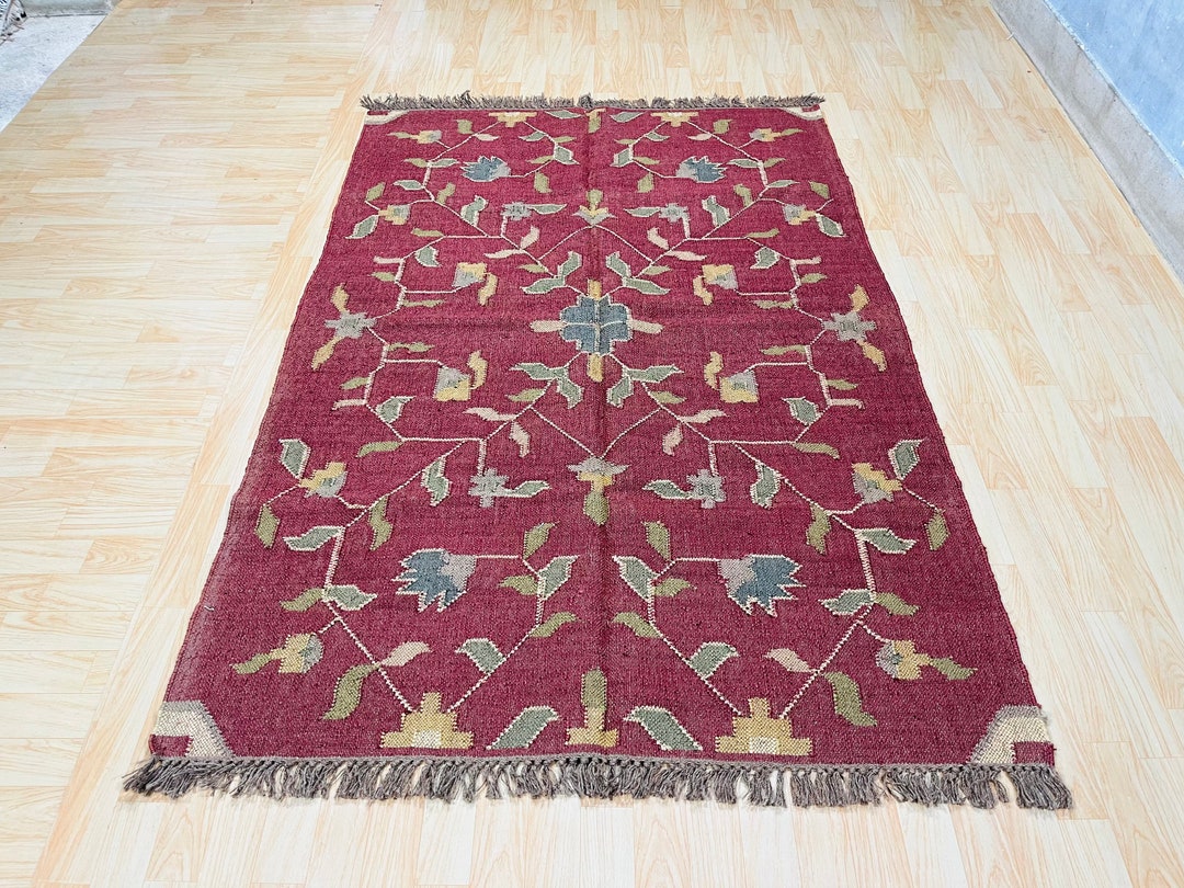 Red Colour Dhurrie Wool Jute Fabric Prined Rug for Kitchen - Etsy