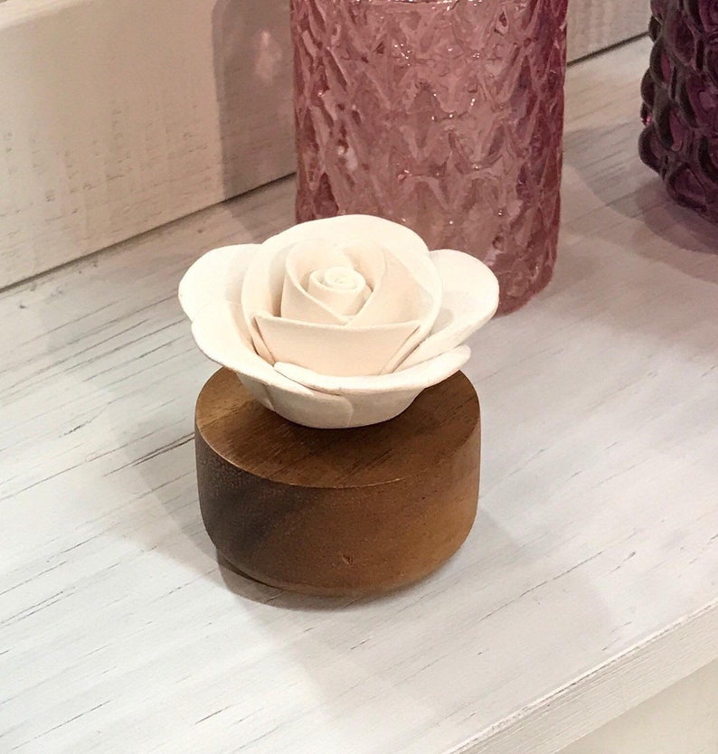 Perfume Diffuser, Porcelain Flower, Gardenia, Wooden Base in Acacia ...