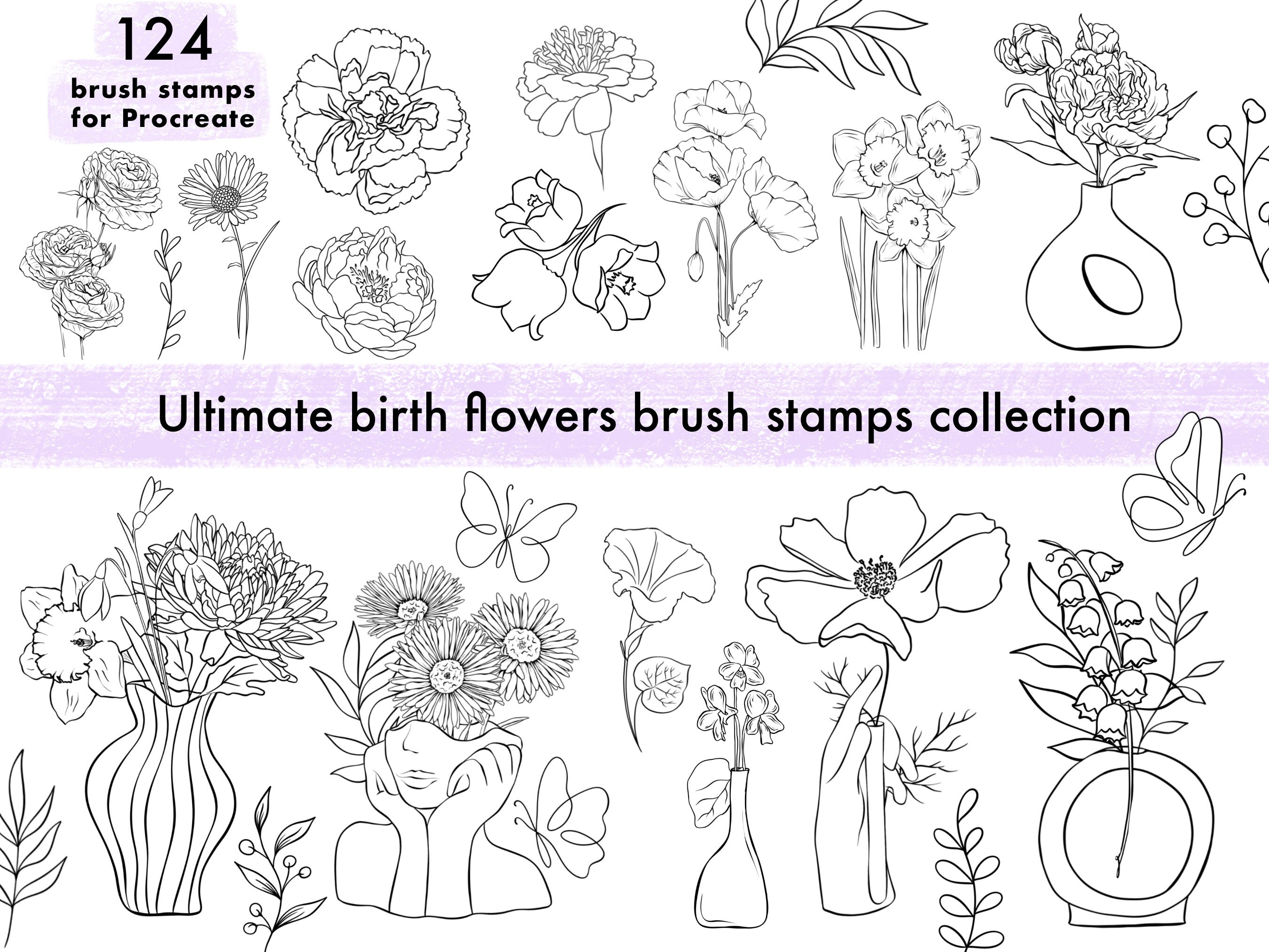 Birth Flower Stamp Brushes for Procreate Floral Brushes for - Etsy