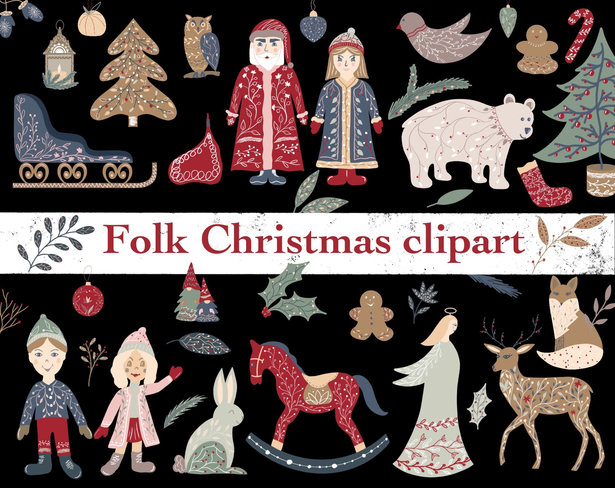 Folk Christmas clipart Scandinavian Christmas art woodland - Etsy Canada