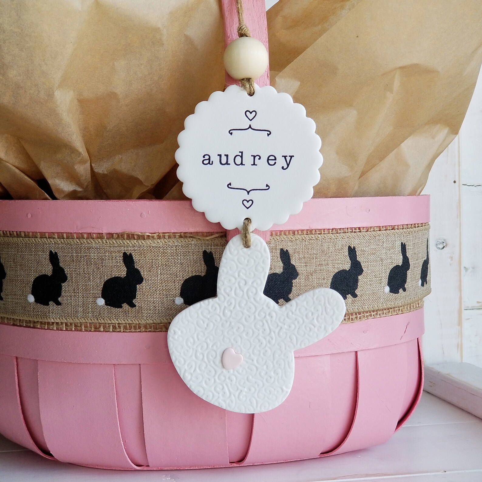 Personalized Easter Basket Name Tag White Pink Spring Bunny - Etsy
