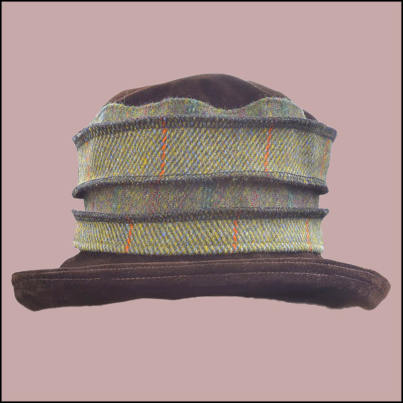 Fun Spring Autumn Stripy Hat in Soft Brown Suedette With Quirky Tweed ...