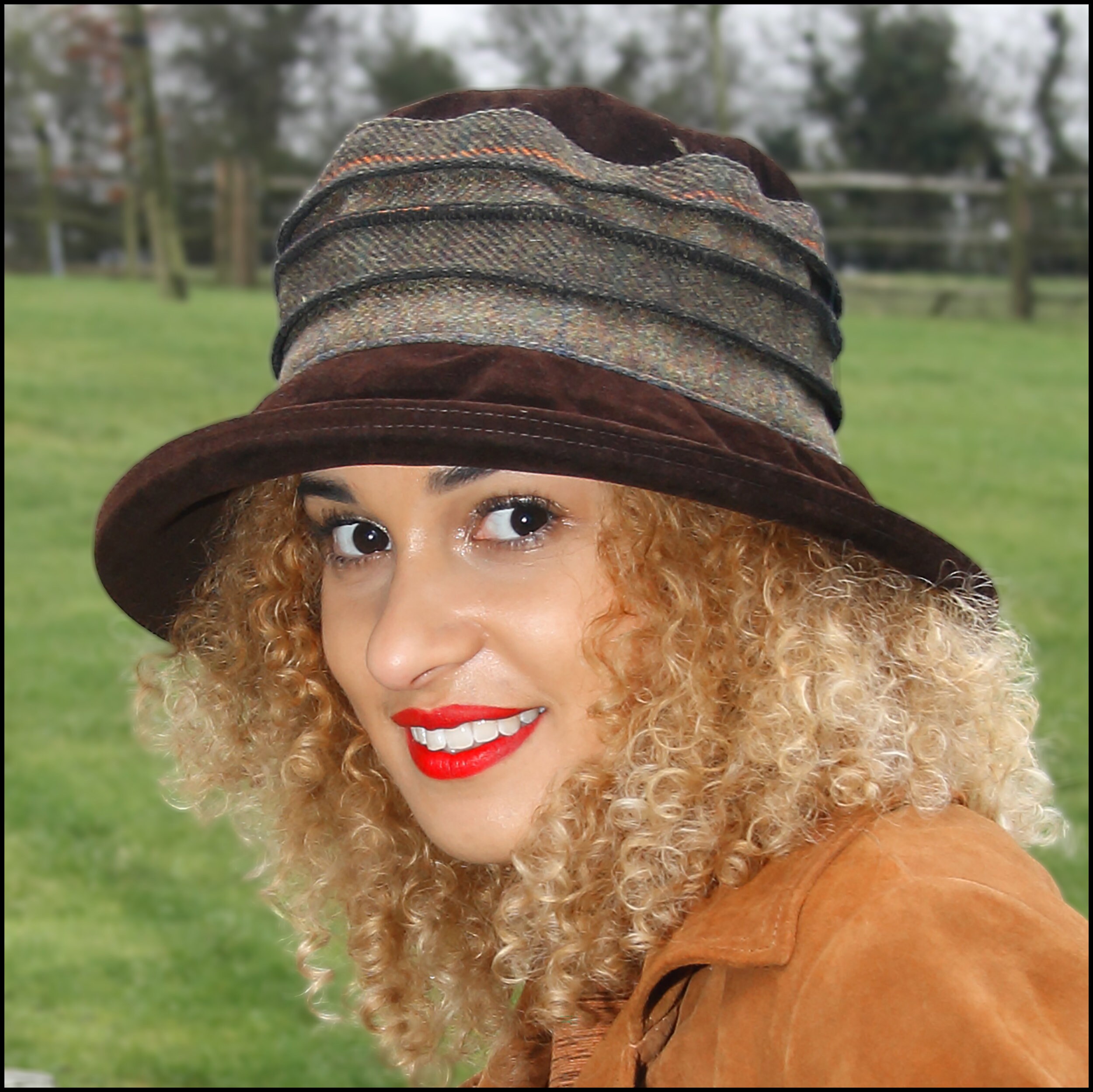 Fun Spring Autumn Stripy Hat in Soft Brown Suedette With Quirky Tweed ...