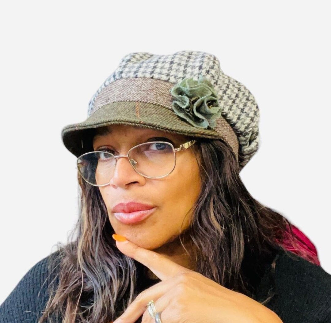 Black & White Check Baker Boy Cap With Green Tweed, Peaky Blinders Flat ...
