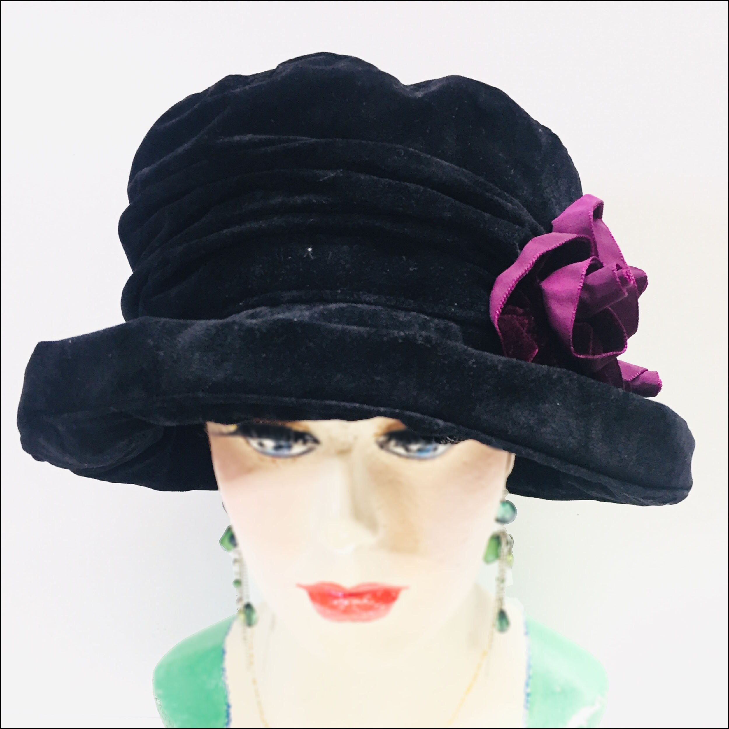 Black Showerproof Cloche Style Hat with Burgundy Floral Trim | Etsy