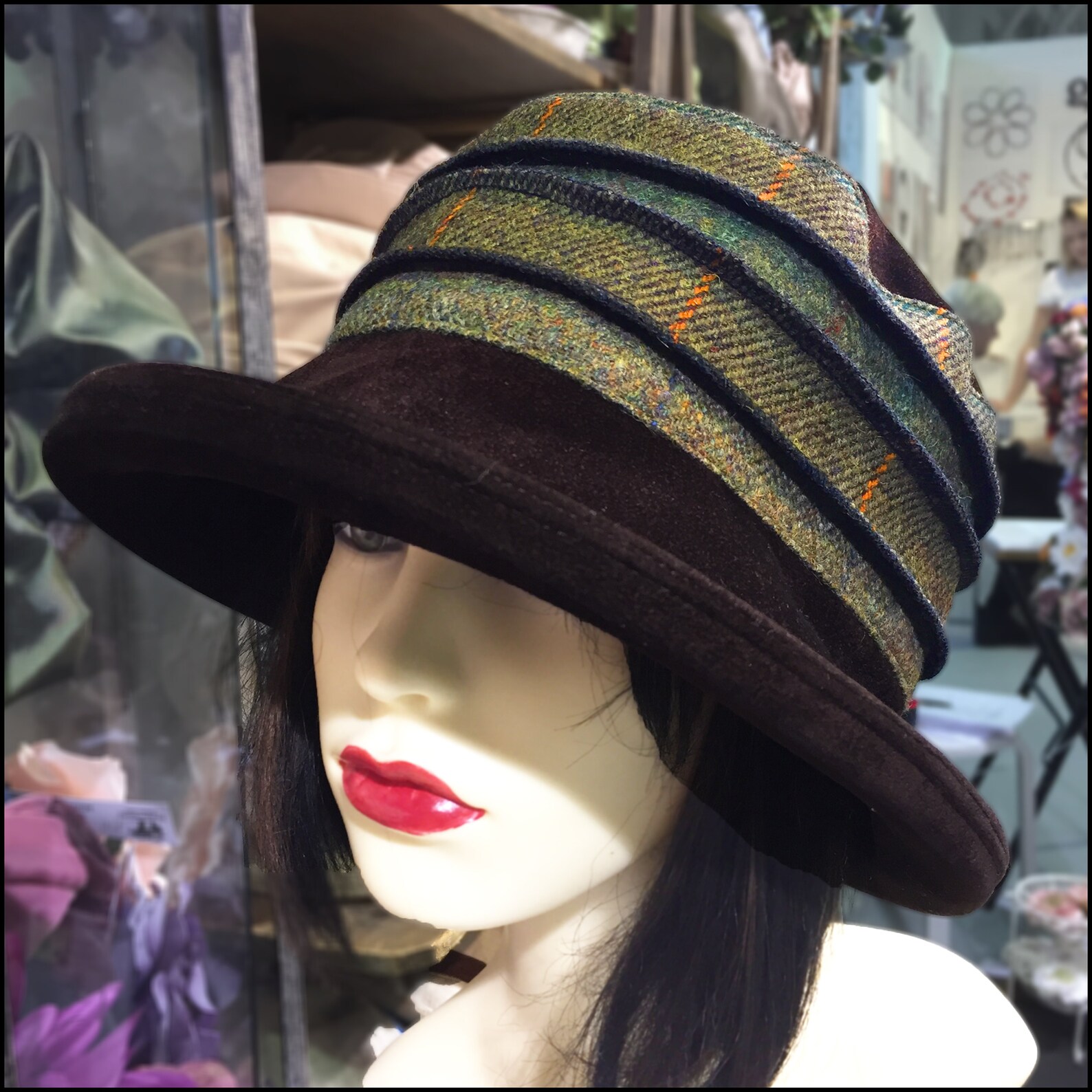 Fun Spring Autumn Stripy Hat in Soft Brown Suedette With Quirky Tweed ...