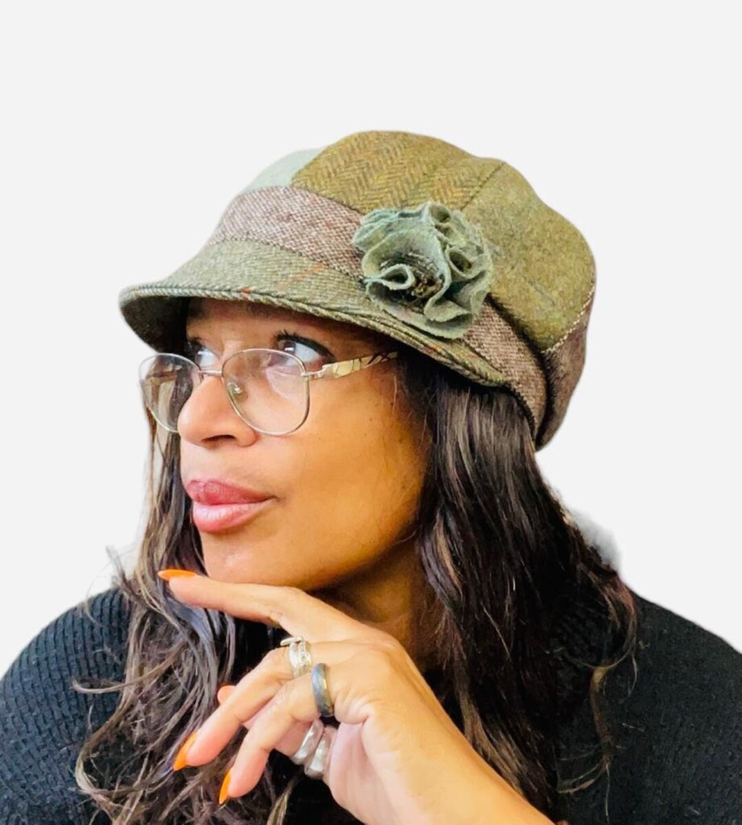 Green Tweed English Flat Cap With Rosette, Rainproof Baker Boy Cap for ...