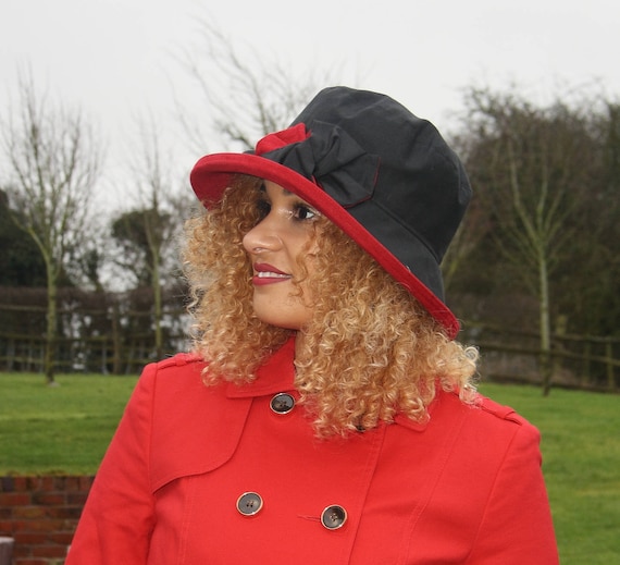 Black Scarlet Red Waxed Rainhat Glamorous Rainproof All Year | Etsy