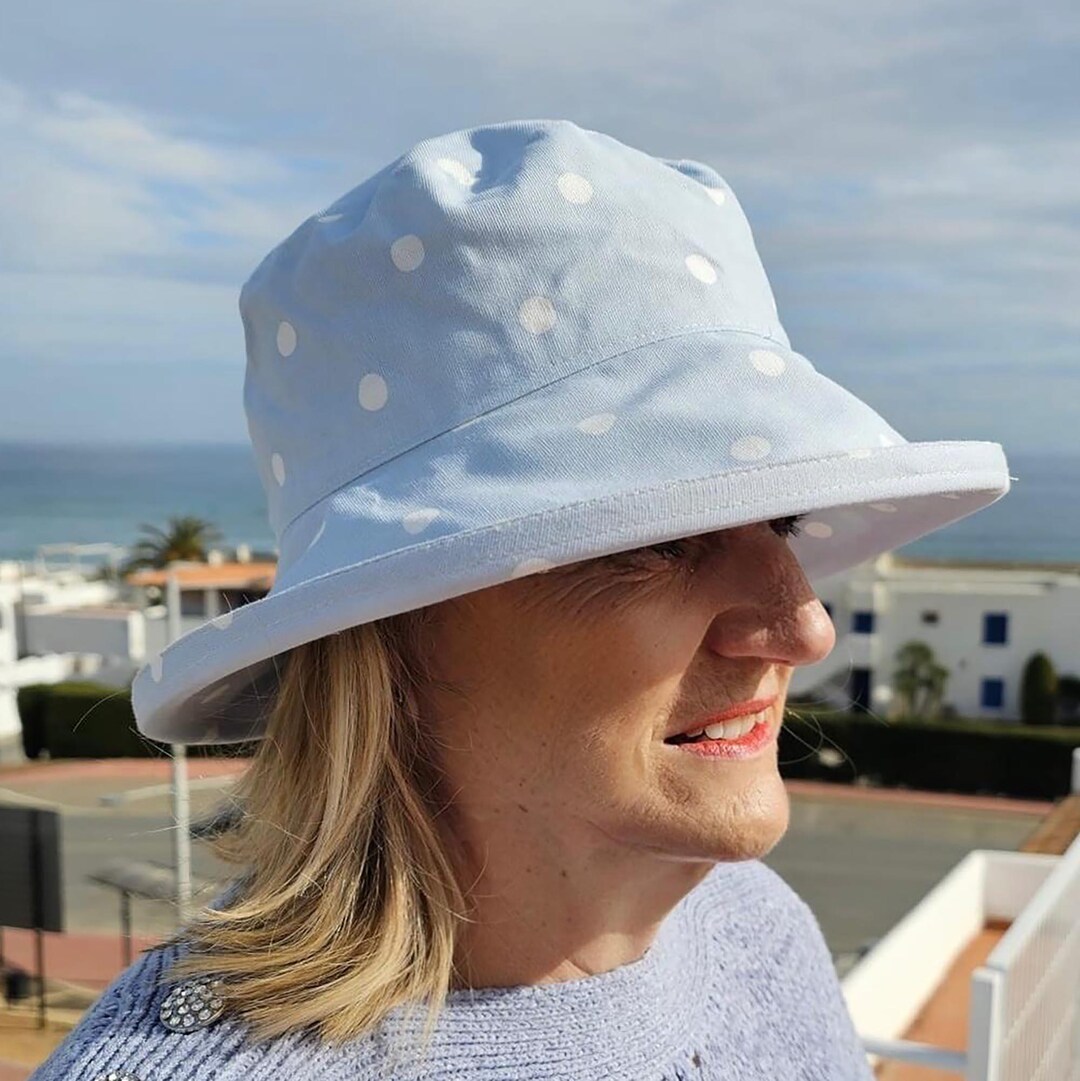 Light Blue Polka Dot Sun Hat, Cool Cotton Spotty Fabric, Handmade ...