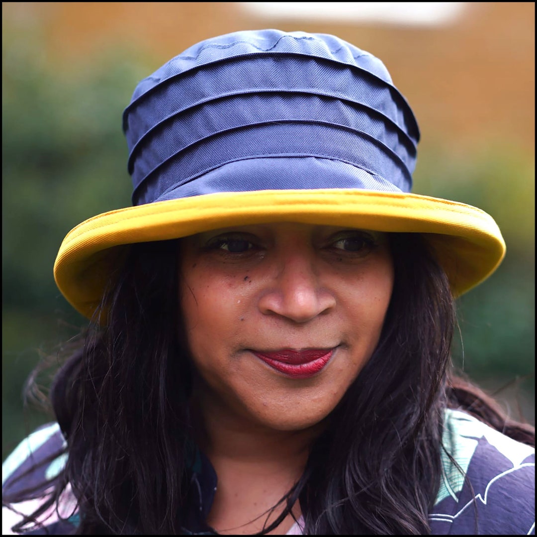 Navy Blue & Sunshine Yellow Waterproof Rain Hat, Wet Weather Fashion ...