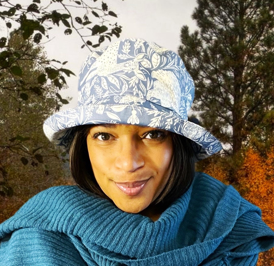 Blue Patterned PVC Rain Hat, Waterproof Bucket Hat, Vintage Blue Nature ...