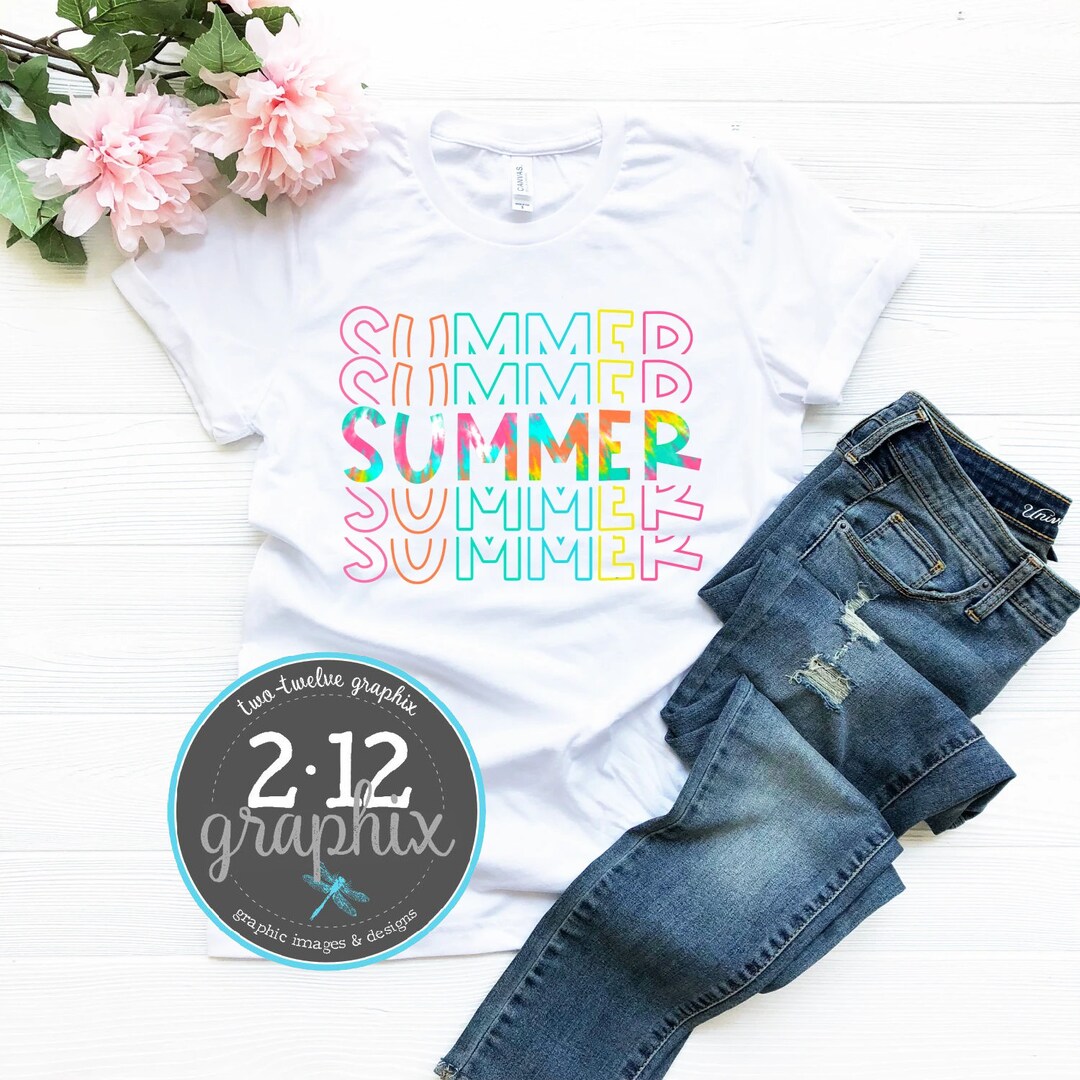 Summer Stacked Tie Dyed Graphic Tee Cute Comfy Rainbow Neon Color T ...