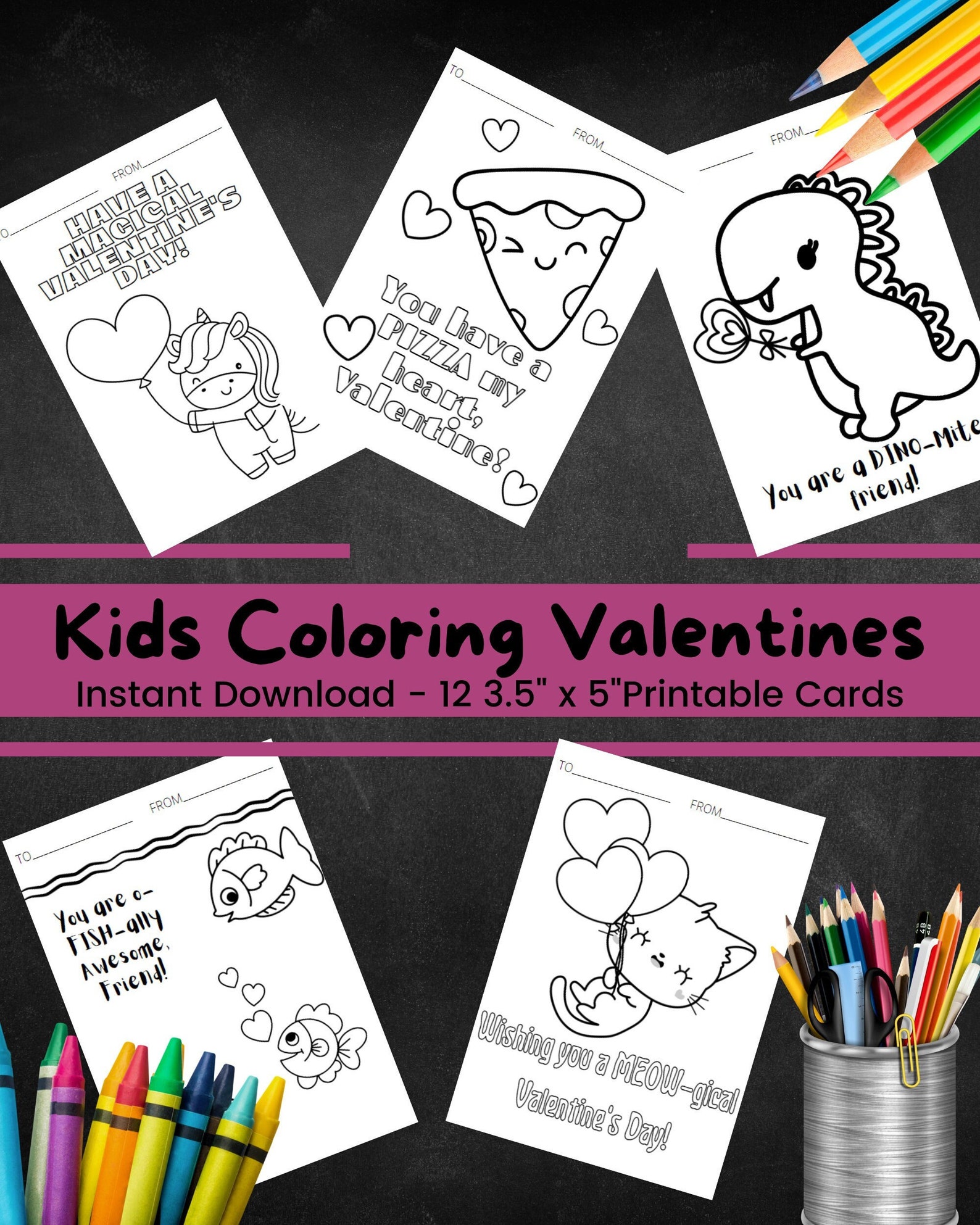 Color Your Own Valentine Cards 12 Printable 3.5 by 5 Inch Coloring ...