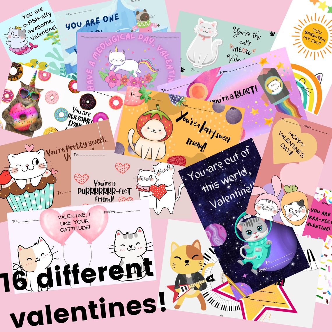 16 Cat Themed Valentine Cards for Kids Instant Download - Etsy