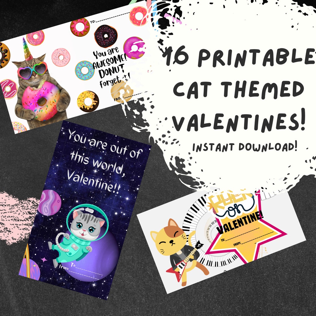 16 Cat Themed Valentine Cards for Kids Instant Download - Etsy