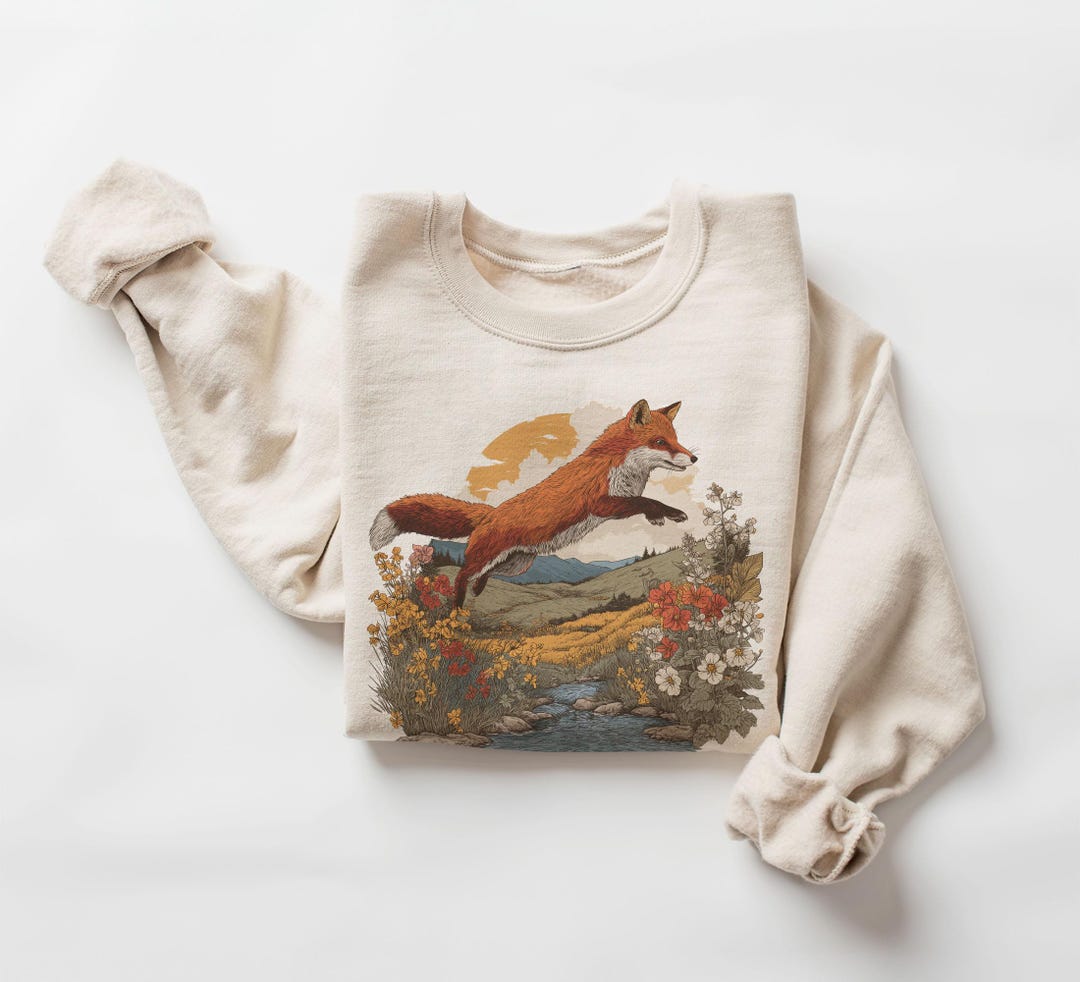 Retro Red Fox Jumping Summer Wildflower Scene Sweatshirt - 90s Cute ...