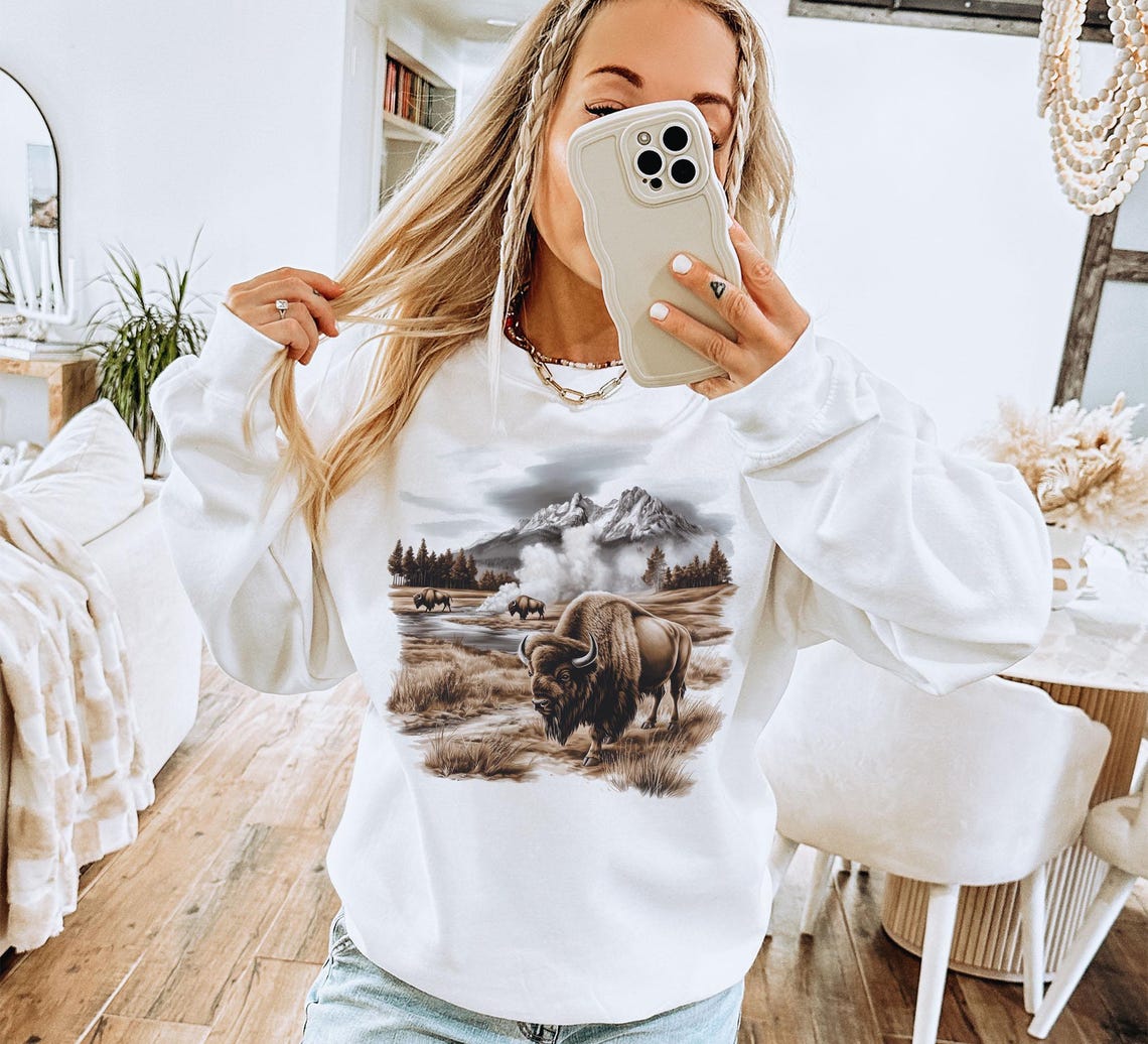 Retro Bison Roaming A Geyser Basin Sweatshirt - 90s Bull Buffalo ...