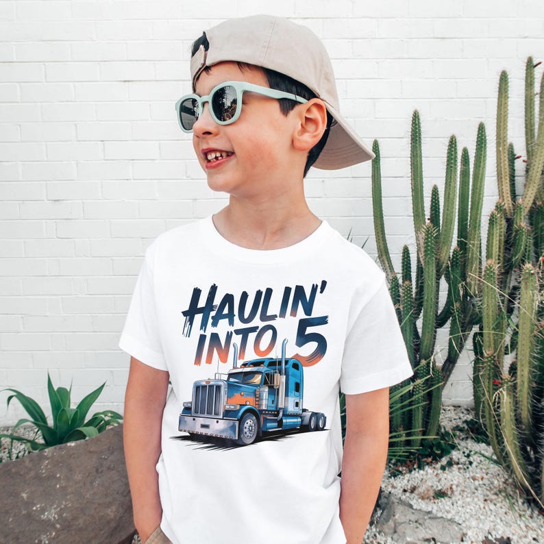 5th Birthday Haulin' Into 5 Semi Truck Kids Toddler Shirt - Retro Big ...