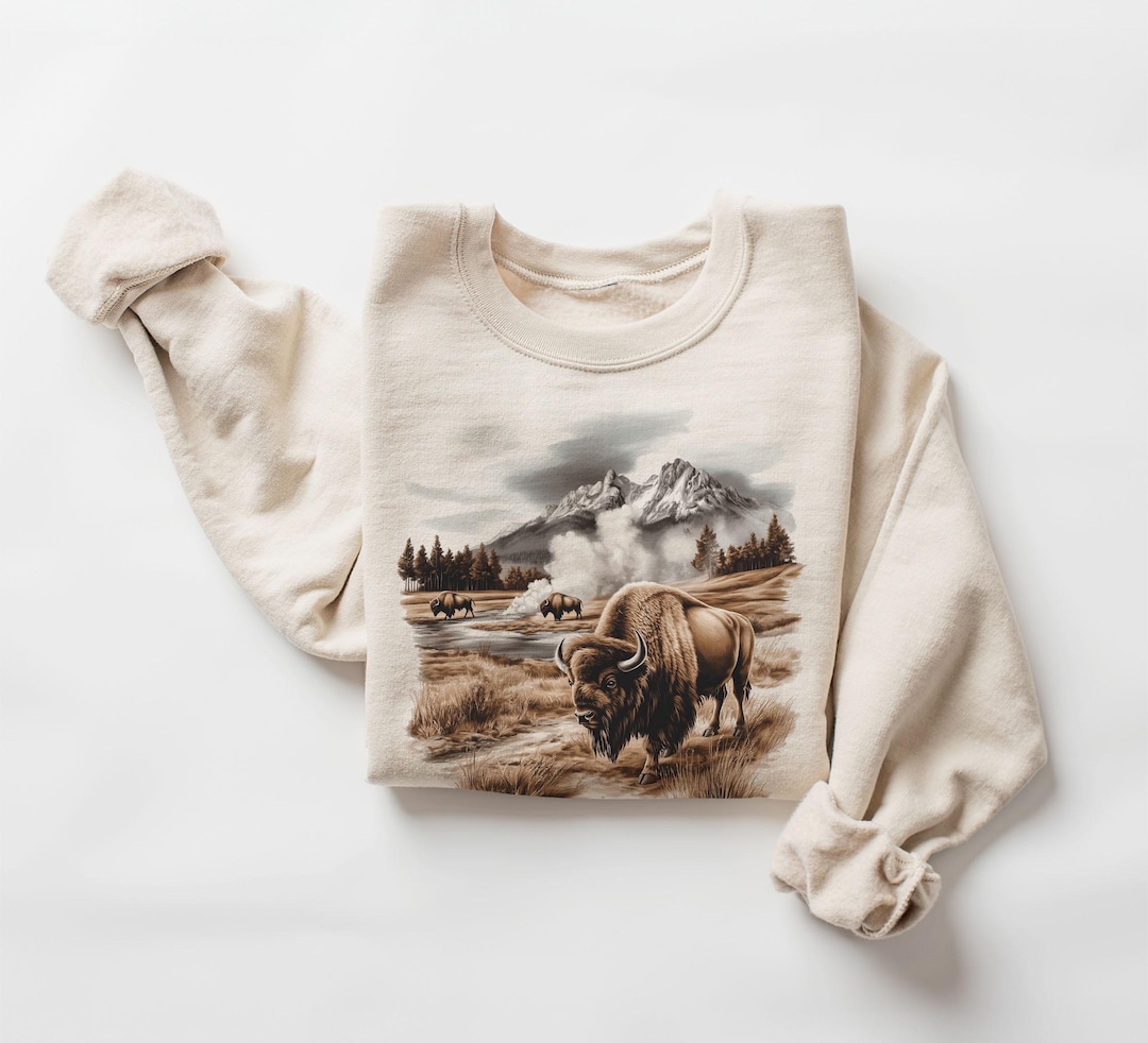 Retro Bison Roaming A Geyser Basin Sweatshirt - 90s Bull Buffalo ...