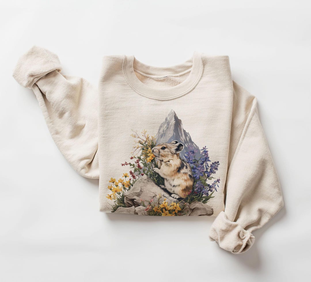 Retro Pika Alpine Summer Wildflower Scene Sweatshirt - 90s Cute Pika ...
