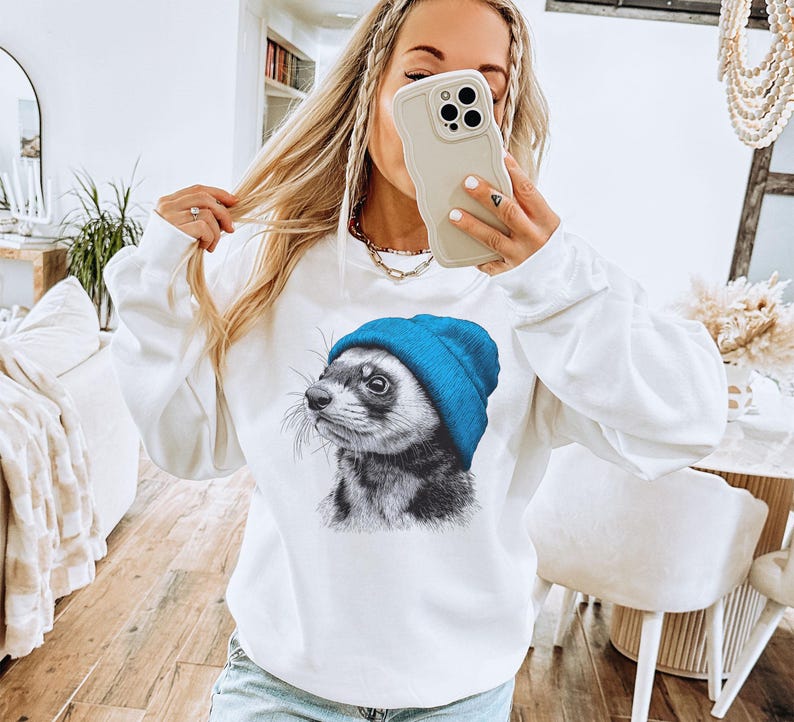 Retro Ferret Wearing Beanie Vintage Pet Owner Animal Unisex Sweatshirt ...
