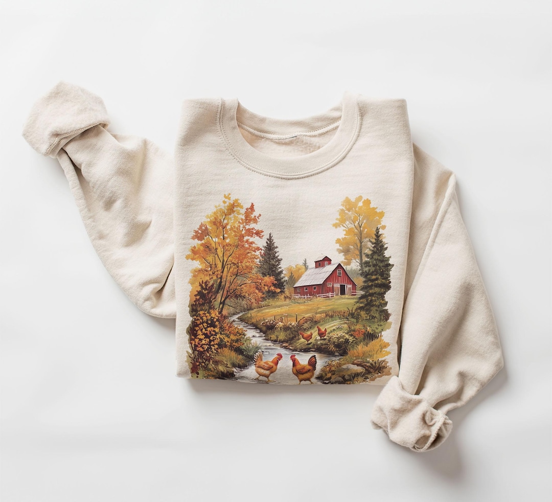 Retro Chickens & Red Barn Farm Fall Creek Scene Sweatshirt - 90's ...