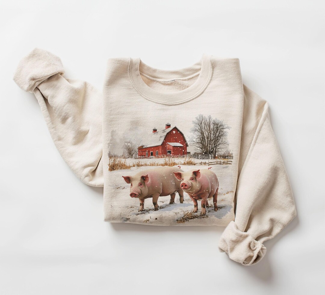 Retro Winter Pigs & Red Barn Farm Scene Sweatshirt - 90's Vintage Cute ...
