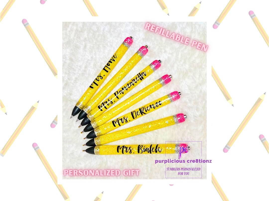 Personalized Teacher Pen – Pencil Design Refillable Pen With Glitter or ...