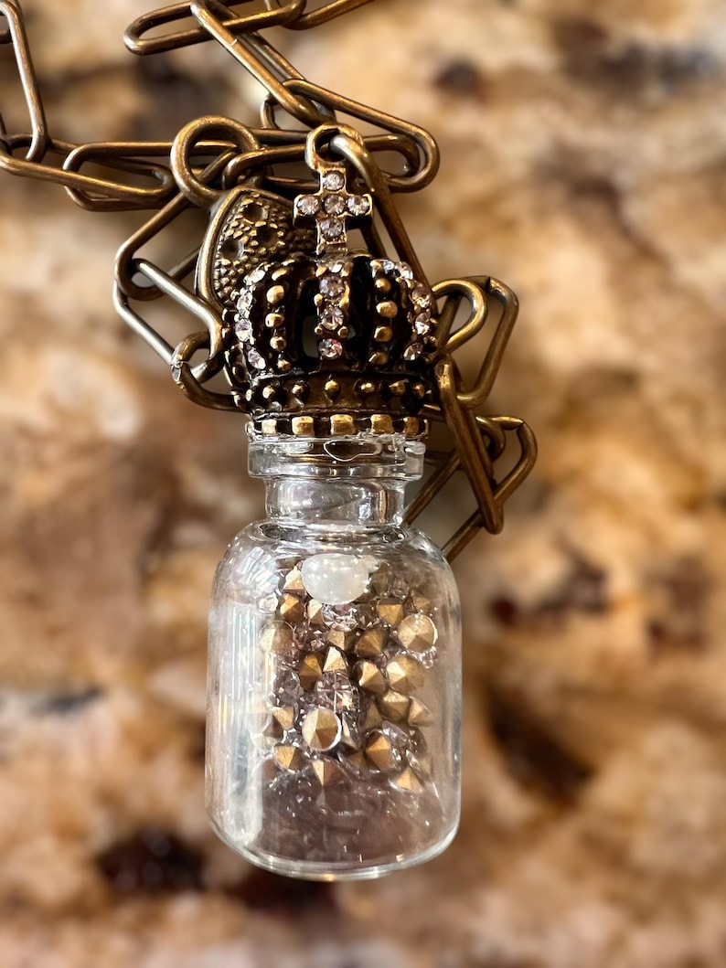 Rhinestone Crown and Cross Vial Pendant Necklace: Glass and Bronze 22 ...