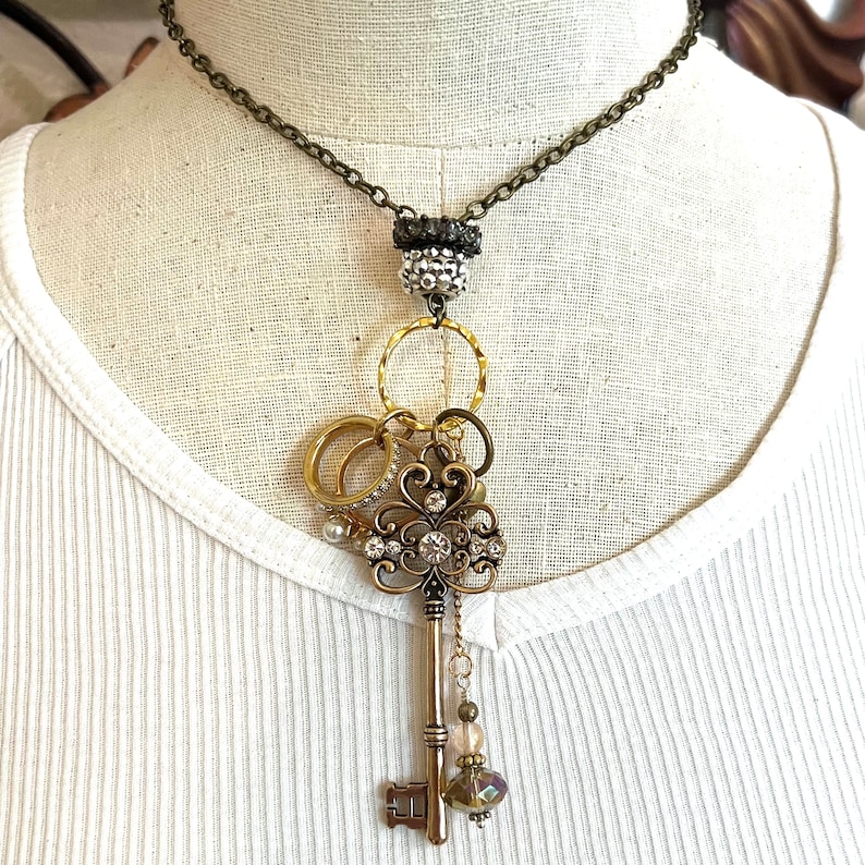 Assemblage Necklace With Ornate Key Charm and Vintage Pieces - Etsy