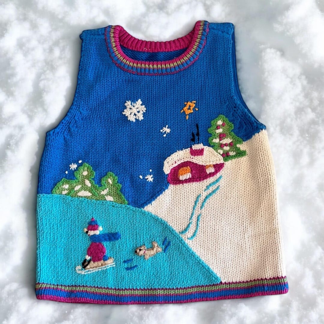 Vintage Hanna Andersson Knit Sweater Vest: Embroidered Winter Scene ...