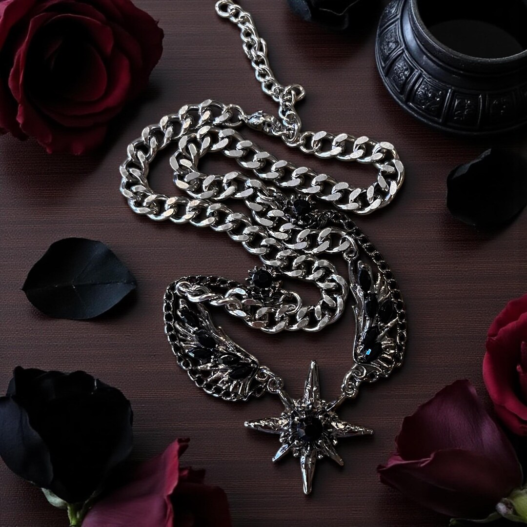 Silver Gunmetal Black Toned Gothic Necklace: Raven Wings Starburst ...