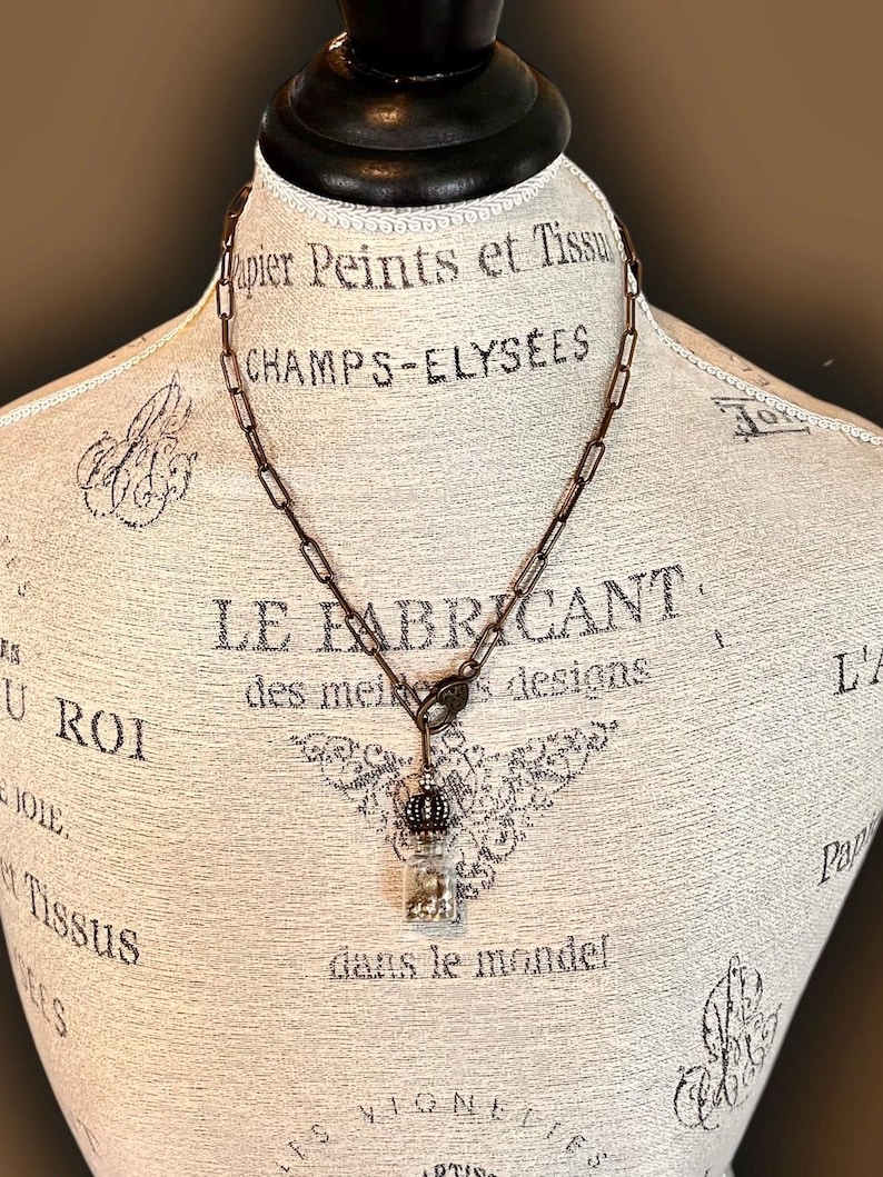 Rhinestone Crown and Cross Vial Pendant Necklace: Glass and Bronze 22 ...