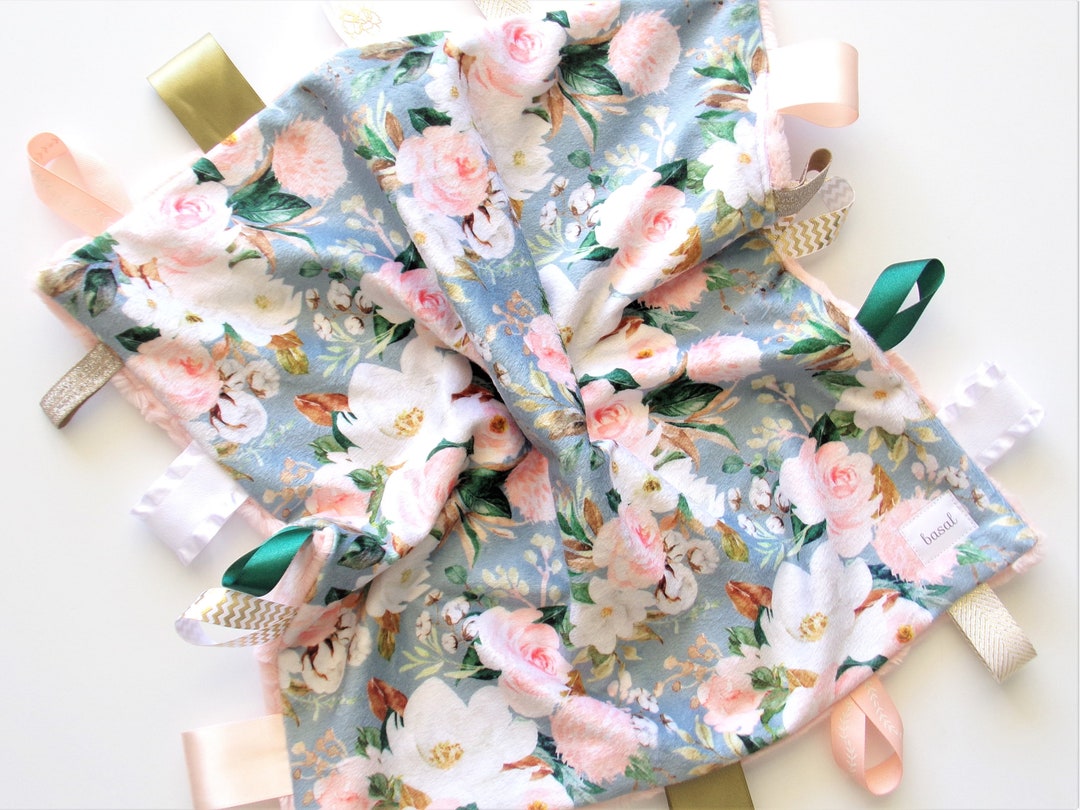 Baby Girl Tag Ribbon Blanket, Baby Girl Pink Floral Minky Blanket, Tag ...