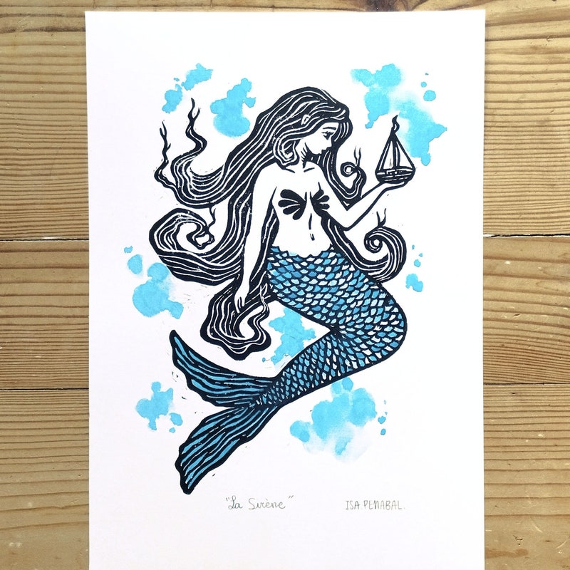 Mermaid Linocut - Etsy