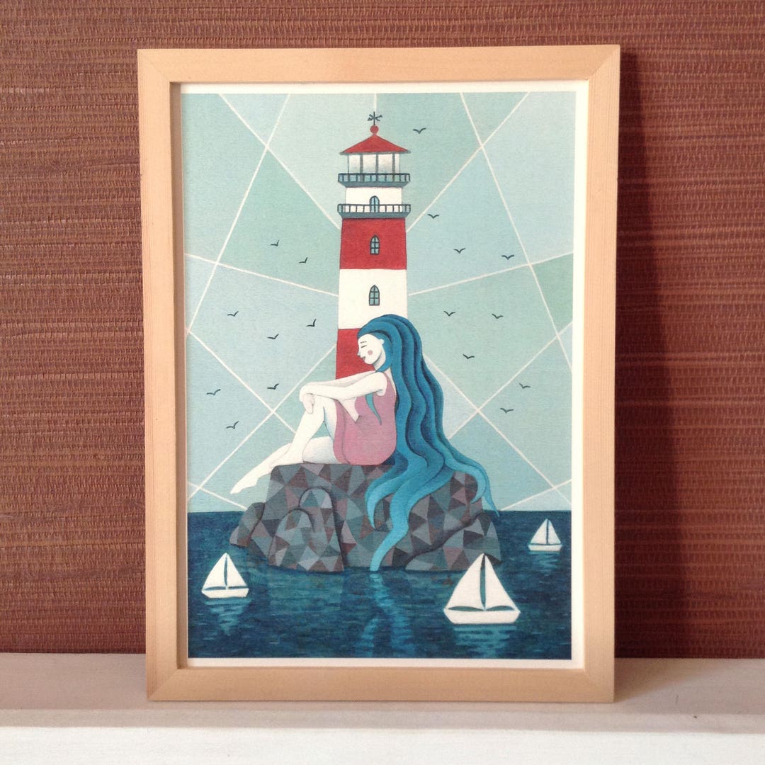 Ilustración Mujer Y Faro, Art Print Oceano, Lámina Din A4, Impresión De ...