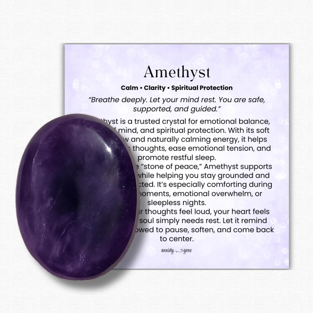 ANXIETYGONE Amethyst Worry Stone With Info Card | Healing Crystal for ...