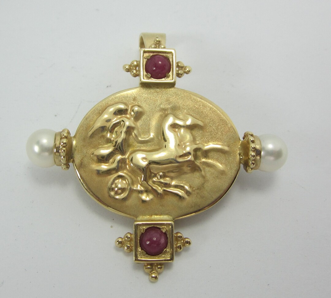14K YG Ruby and Pearl Revival Angel With 2 Horses & Chariot Pendant ...