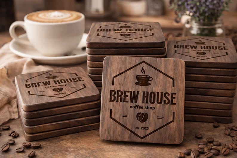 Your Custom Logo Coasters | Engraved Wood Coaster Set | Business Logo ...