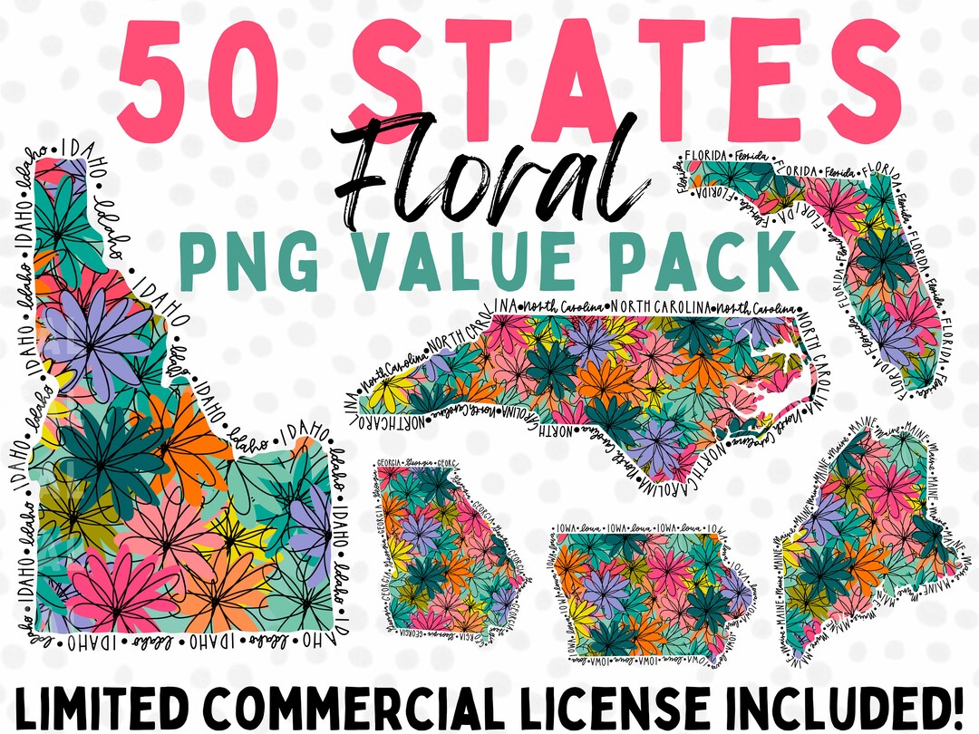 50 States PNG Value Pack, 50 States Pngs, 50 States Sublimation, Floral ...