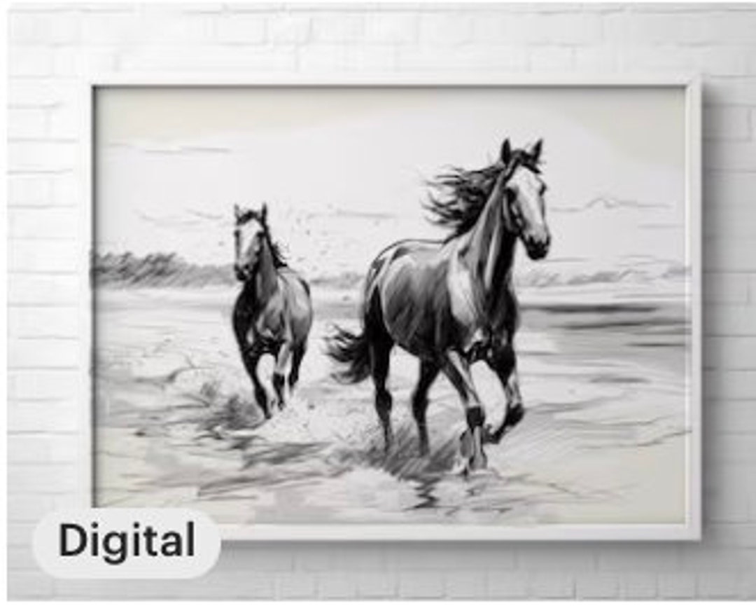 Instant Printable Digital Art Print horses Sketched Multiple Sizes ...