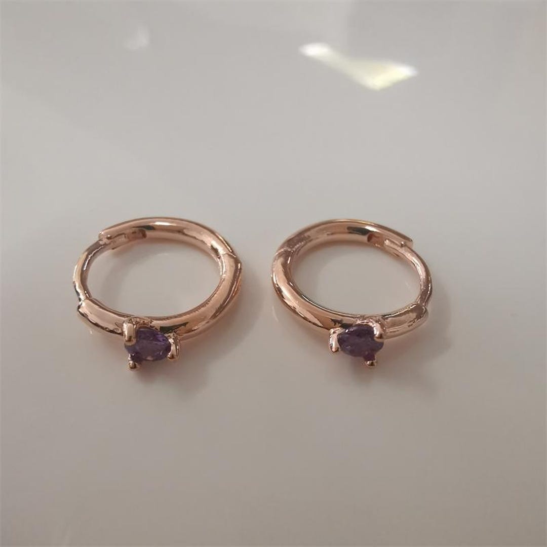 Pandora Solitaire Huggie Hoop Earrings Rose Gold Purple - Etsy