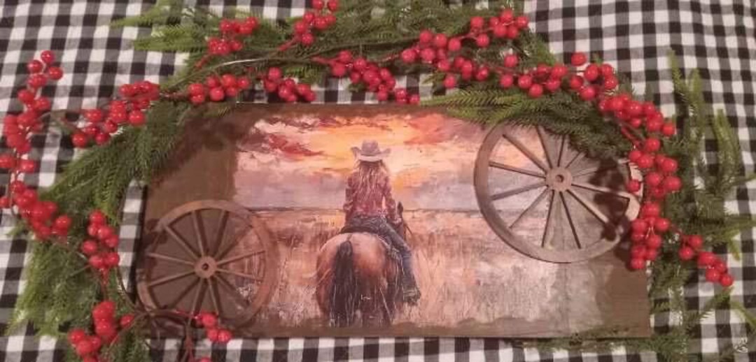 Canvas Trail Riding Girl and Horse on Barn Lumber and Painted and Hewn ...